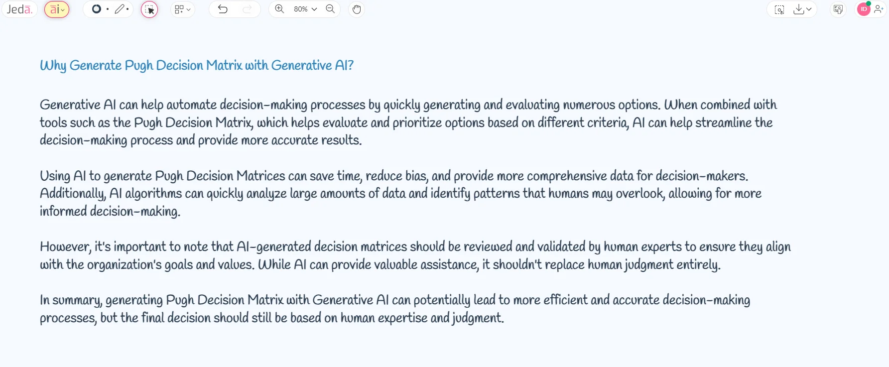 Generate Pugh Decision Matrix with AI using Jeda.ai's AI Workspace